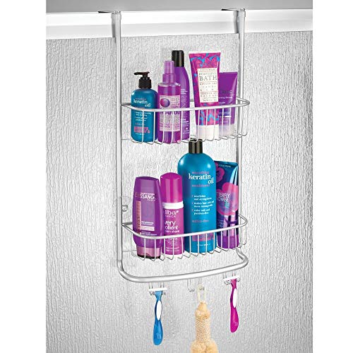 mDesign Over Door Shower Caddy – Practical Metal Shower Shelves with no Drilling Required – Hanging Shower Storage Baskets for All Shower Accessories on 2 Tiers – Chrome