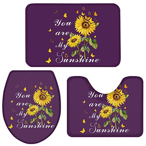 3 Piece Bath Rugs Sets Sunflower Butterfly Non Slip Bathroom Carpet You are My Sunshine Dark Purple Absorbent U-Shaped Toilet Mat, Toilet Lid Cover