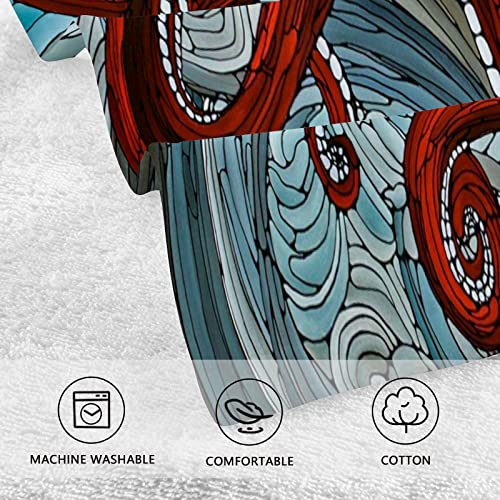 Blueangle Wavy Red Octopus Print Pure Cotton Hand Towels for Bath Decorative Guest Towels Fingertip Towels for Bathroom Spa Gym, 2-Piece, 16 x 28 inches(369)