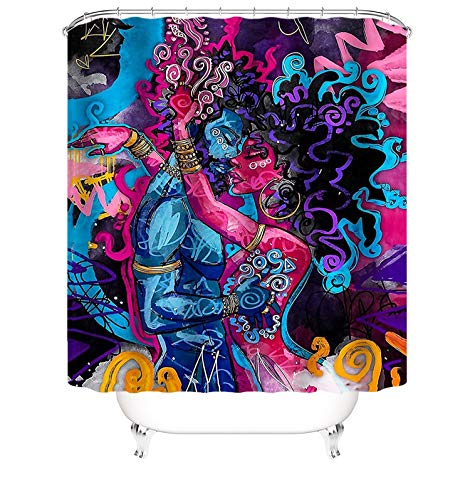 4Pcs Sets African American King&Queen Shower Curtain Met Set with Non-Slip Rugs, Toilet Lid Cover and Bath Mat,Shower Curtain with 12 Hooks, Durable Waterproof Shower Curtain