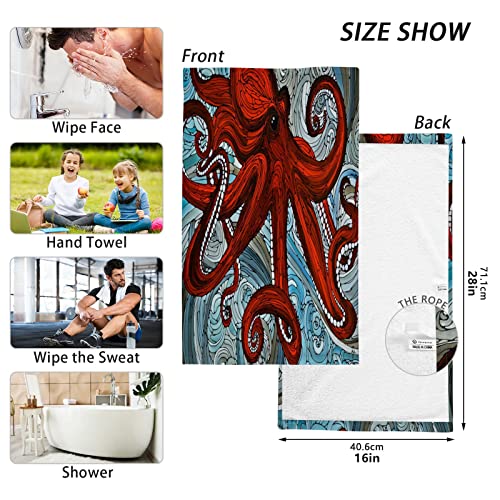 Blueangle Wavy Red Octopus Print Pure Cotton Hand Towels for Bath Decorative Guest Towels Fingertip Towels for Bathroom Spa Gym, 2-Piece, 16 x 28 inches(369)