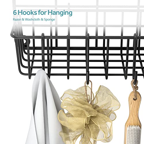 CALM COZY Bathroom Organizer, 4-Tier Shower Caddy Basket, Wall Mount Shower Organizer Metal Shelves Organization, Rustproof Bathroom Shelves Storage with 6 Hooks for Hanging Sponge, Black