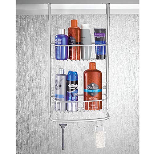 mDesign Over Door Shower Caddy – Practical Metal Shower Shelves with no Drilling Required – Hanging Shower Storage Baskets for All Shower Accessories on 2 Tiers – Chrome