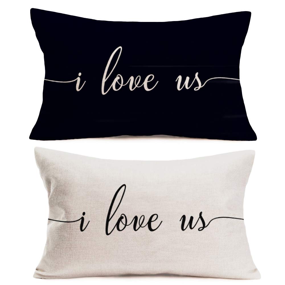 MEHOTOP Black White I Love Us Saying Series Cotton Linen Set of 2 Throw Pillow Covers Simple Style Cushion Case Valentine's Day Gift 12”x20” Decorative (Black White Saying)