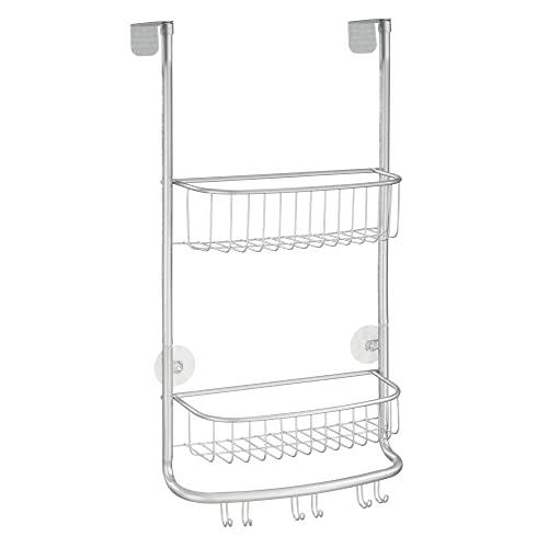 mDesign Over Door Shower Caddy – Practical Metal Shower Shelves with no Drilling Required – Hanging Shower Storage Baskets for All Shower Accessories on 2 Tiers – Chrome