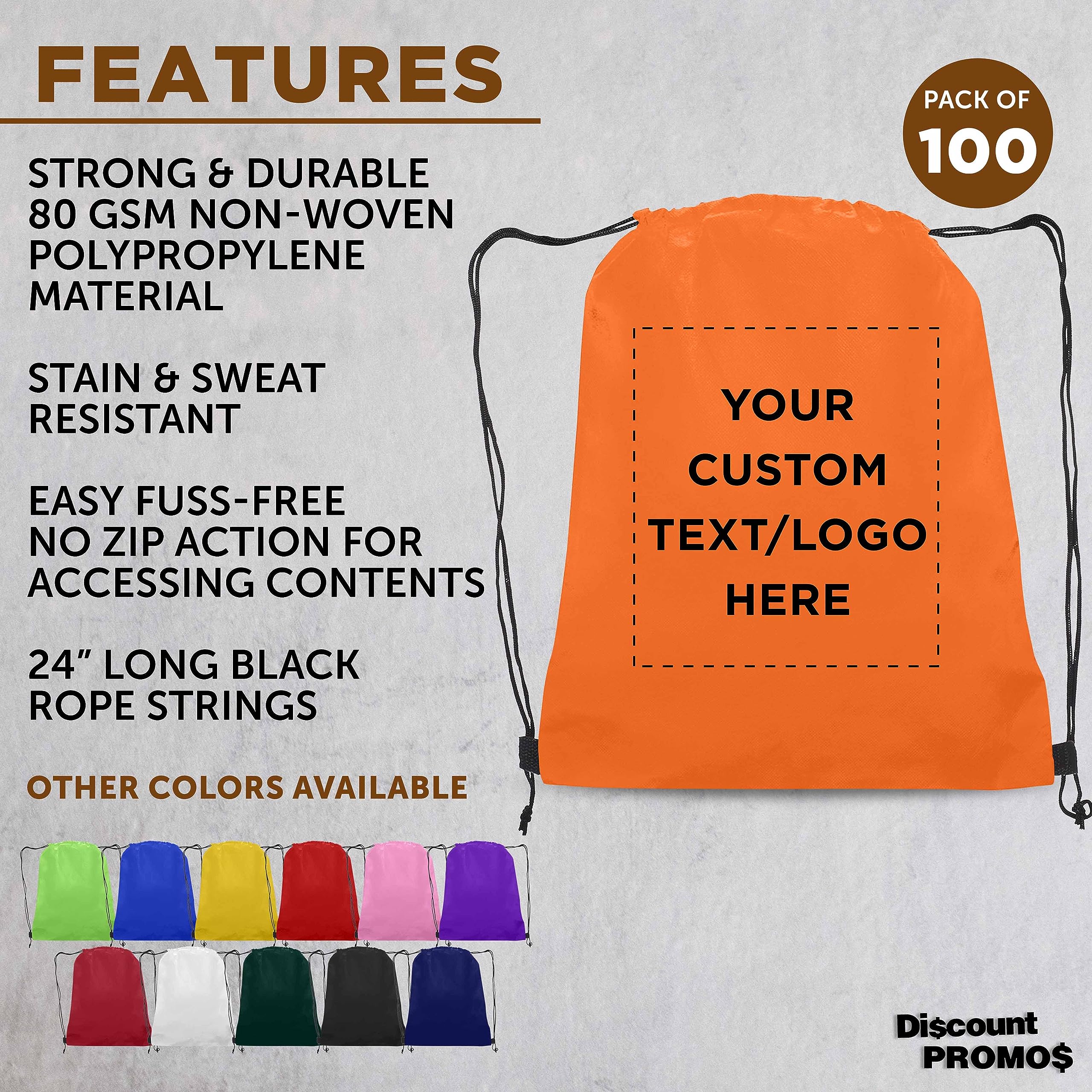 DISCOUNT PROMOS Custom Non-Woven Drawstring Backpacks Set of 100, Personalized Bulk Pack - Bring Everywhere You Go, Great for Travelling, Gym and for Everyday Use - Orange