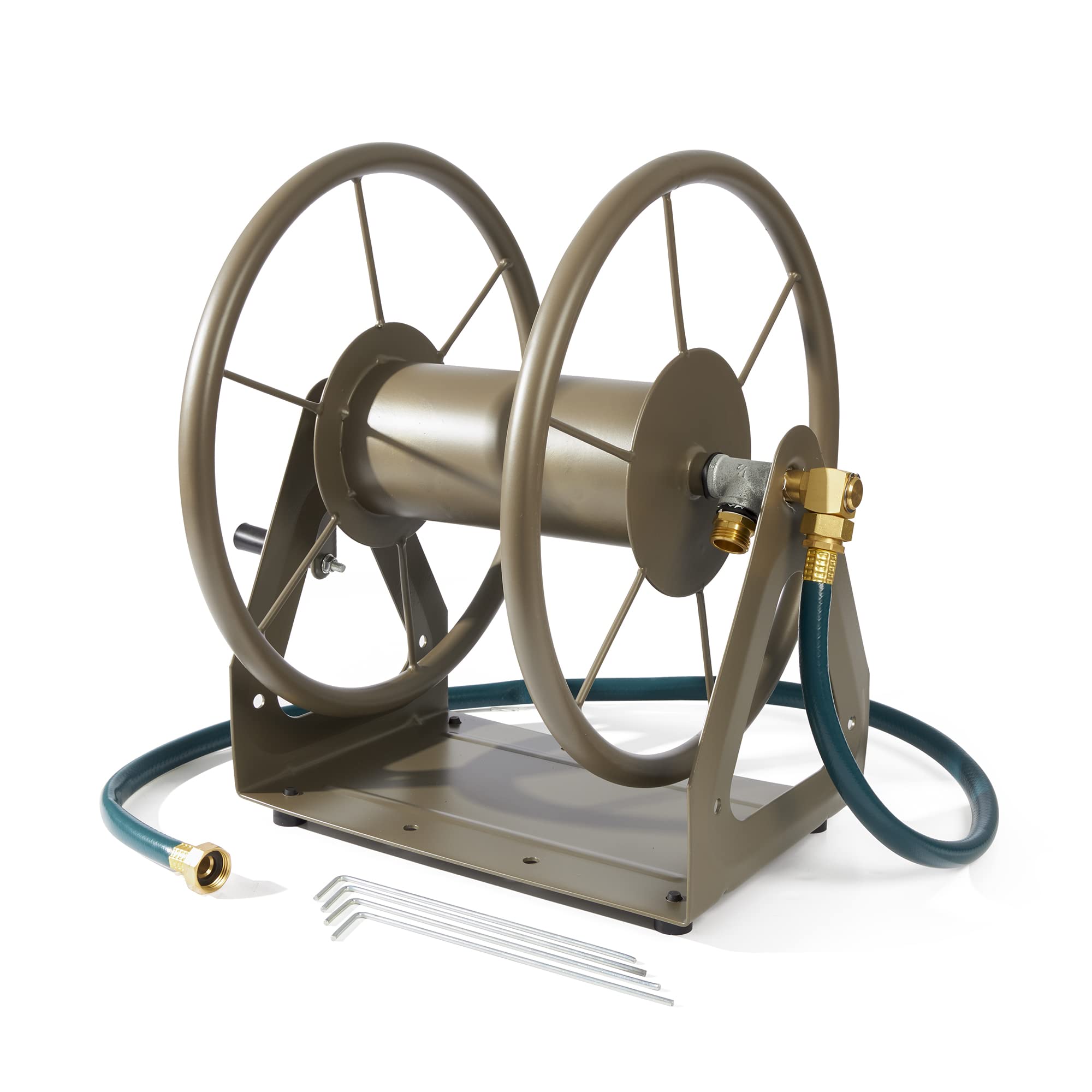 Liberty Garden Multi Purpose Steel Garden Hose Storage Reel for Backyard, Garden, or Home, with 5 Foot Leader Hose and Hose Connections, Bronze