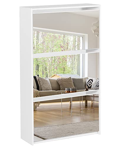 HOPUBUY Shoe Cabinet for Entryway, Narrow Shoe Storage Cabinet with Mirror, Wood Slim Shoe Rack 3 Tier Shoe Organizer for Home and Apartment, White