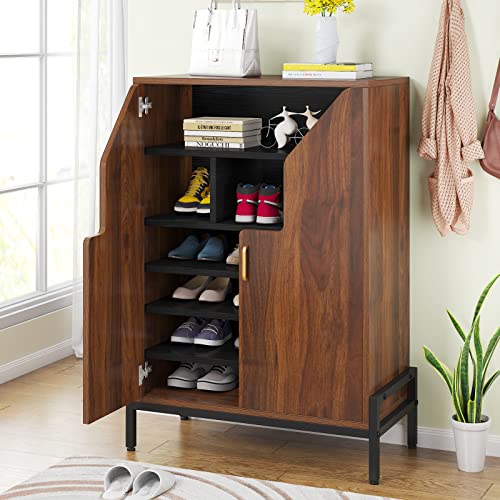 Tribesigns Shoe Cabinet, 7-Tier Large Shoe Storage Cabinets for Entryway 23 Pairs Shoes Cabinet with 3 Display Case and Adjustable Partition, Rustic Brown