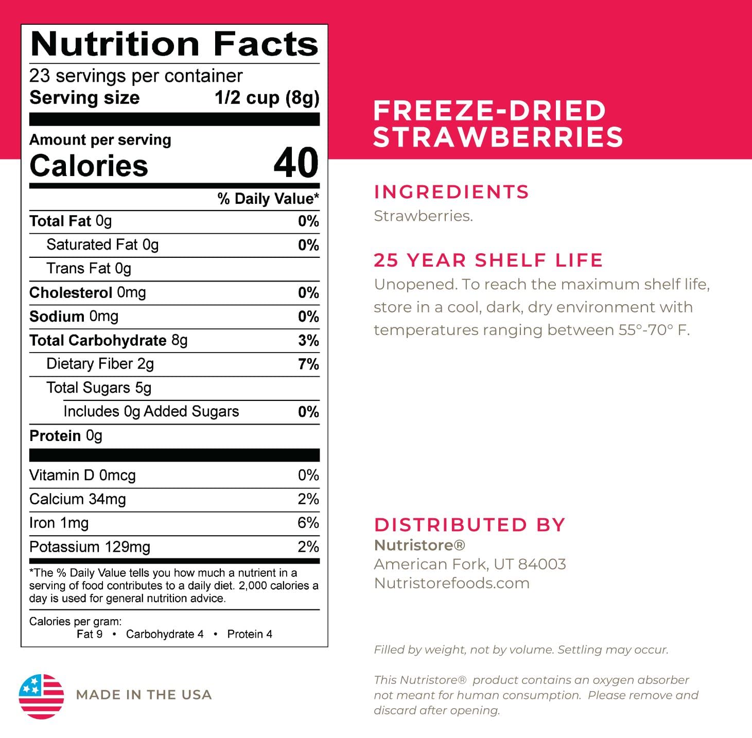 Nutristore Freeze Dried Strawberries | 100% Natural, Healthy Fruit Snacks Bulk | Premium Quality & Crispy Fresh Taste | Emergency Survival Food Supply | #10 Can | 23 Servings | 25 Year Shelf Life