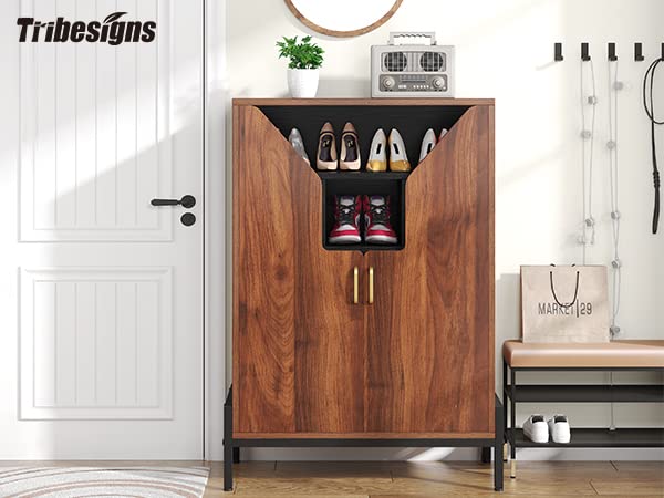 Tribesigns Shoe Cabinet, 7-Tier Large Shoe Storage Cabinets for Entryway 23 Pairs Shoes Cabinet with 3 Display Case and Adjustable Partition, Rustic Brown