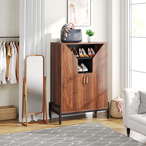 Tribesigns Shoe Cabinet, 7-Tier Large Shoe Storage Cabinets for Entryway 23 Pairs Shoes Cabinet with 3 Display Case and Adjustable Partition, Rustic Brown