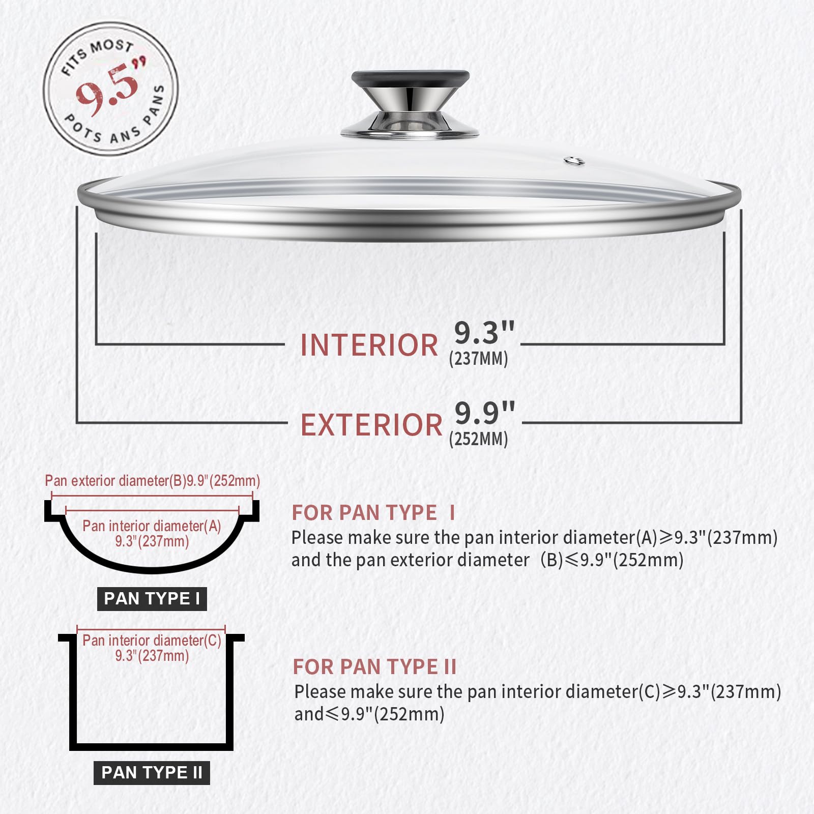 Tempered Glass Lid with Heat Resistant Handle,9.5"/24cm, Clear