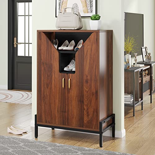 Tribesigns Shoe Cabinet, 7-Tier Large Shoe Storage Cabinets for Entryway 23 Pairs Shoes Cabinet with 3 Display Case and Adjustable Partition, Rustic Brown