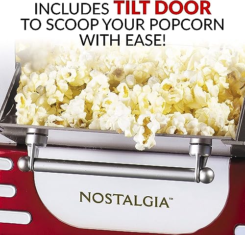 Nostalgia Popcorn Maker, 2.5 Oz Kettle Makes 10 Cups, Retro Classic Popcorn Machine with Interior Light, Measuring Spoons and Scoop, White and Red