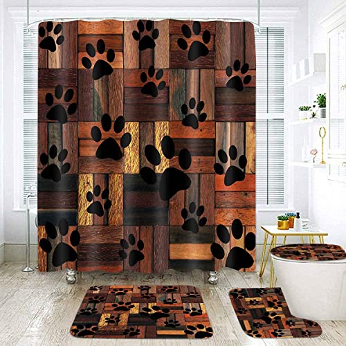 SDDSER Dog Paw Print Shower Curtain Set, 4PCS Rustic Old Barn Wood Bathroom Sets with Shower Curtain and Bath Mat, Toilet Lid Cover and U Shaped Rugs, 71" x 72" Bathtub Curtain with Hooks, SETLSSD93