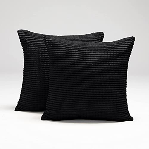 Deconovo Corduroy Throw Pillow Covers, Soft & Decorative Cushion Covers, Machine Washable, Set of 2 for Sofa, Couch, Bedroom & Living Room, Black, 20x20 Inch