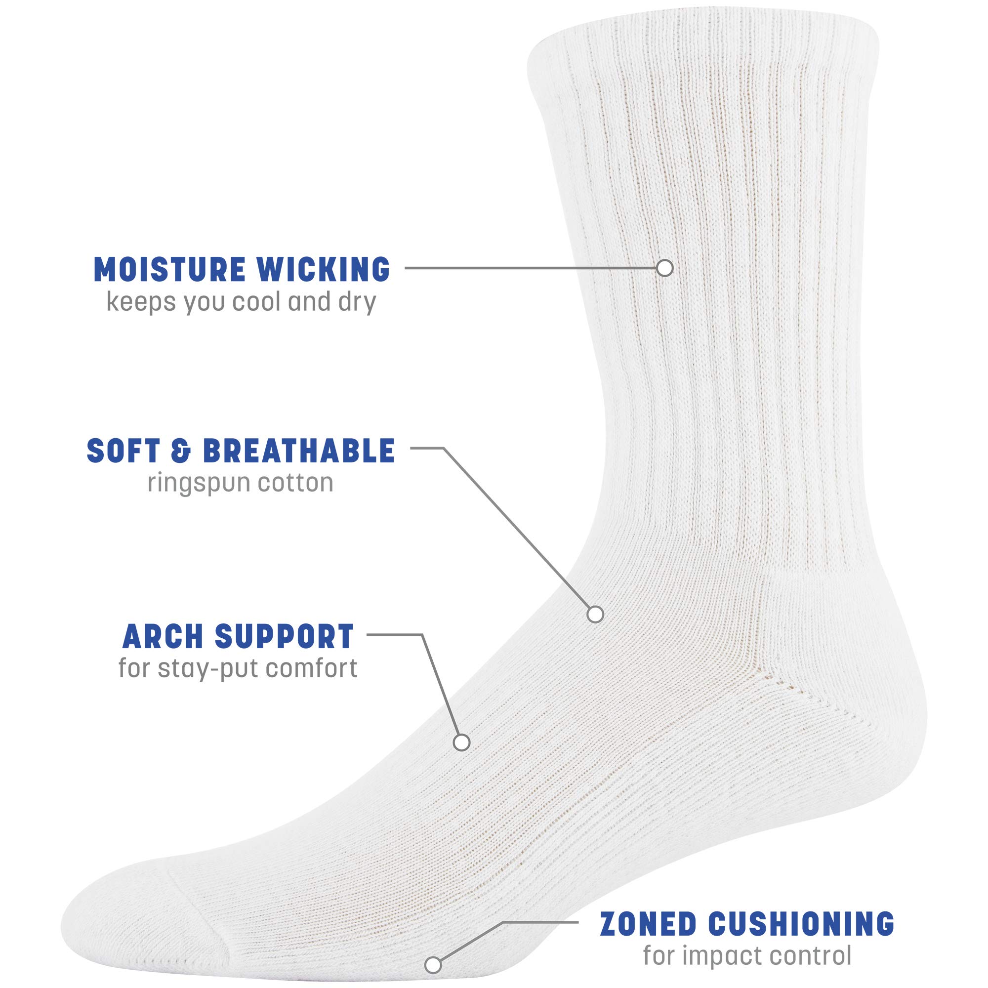 Gildan Men's Active Cotton Crew Socks, 10-Pairs, White, Shoe Size: 6-12