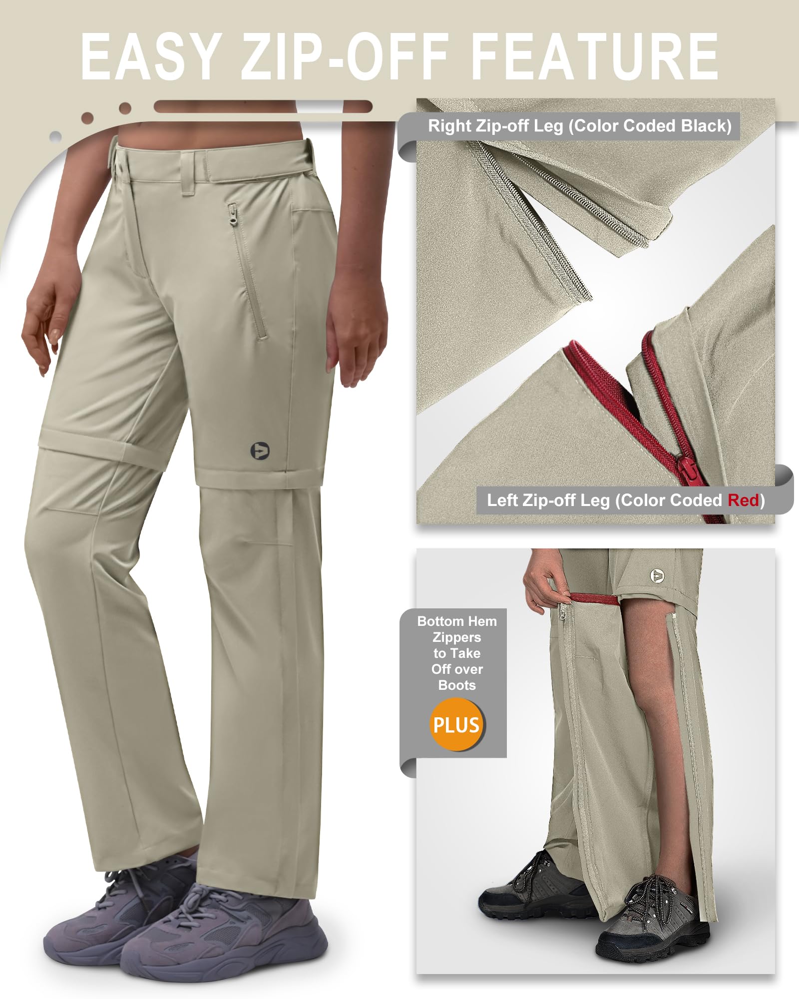Outdoor Ventures Women's Convertible Pants, Quick Dry Hiking Zip-Off Pants, Stretch Lightweight Cargo Pants Beige