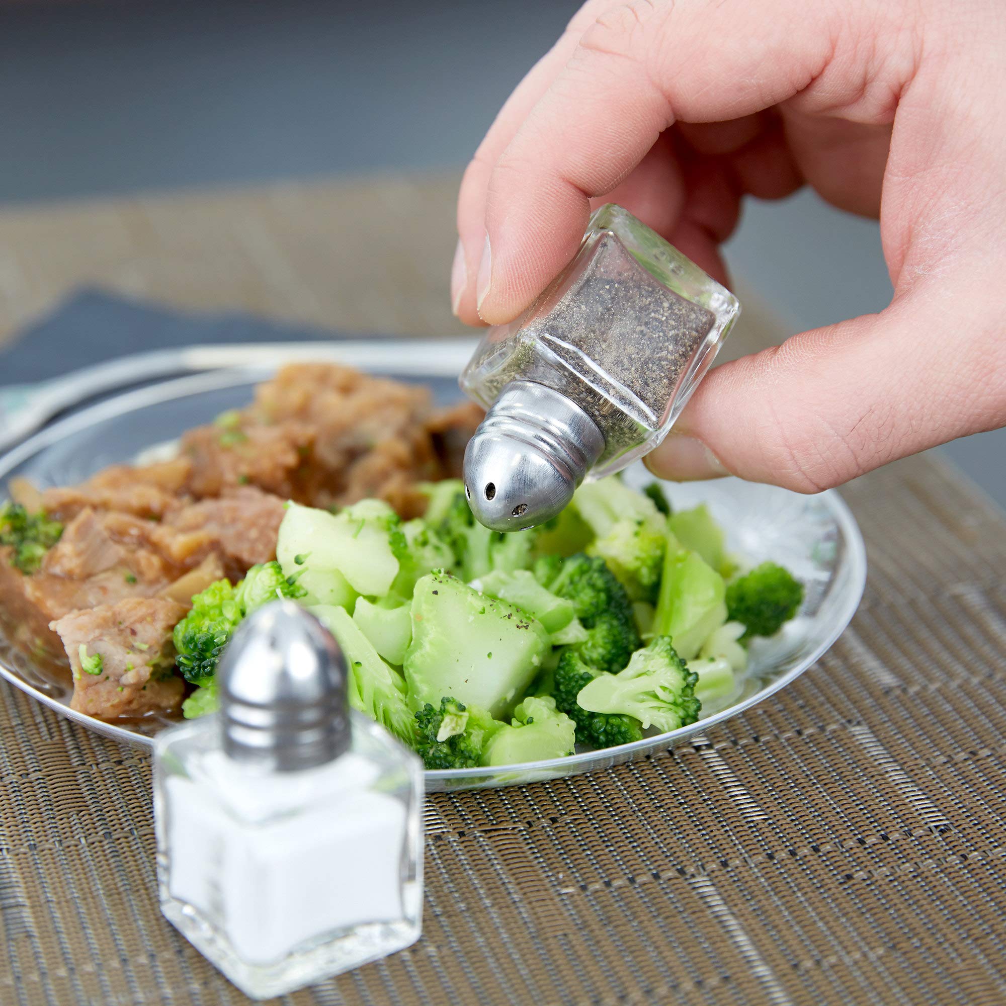 Pack of 4 Clear Glass Mini Cube Salt & Pepper Shakers with Stainless Tops and BONUS Easy Fill Funnel by NetSellsIt