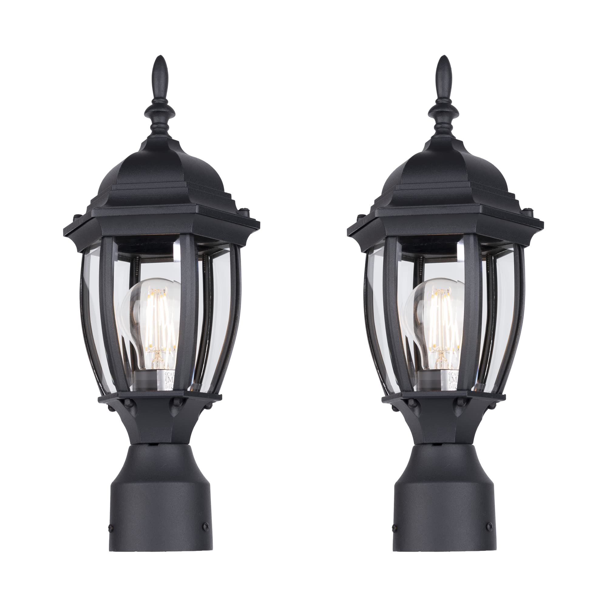 Yeuloum Outdoor Post Light Pole Lantern Lighting Fixture with One E26 Base Max 100W, Aluminum Housing Plus Glass, 2-Pack (Black Finish)