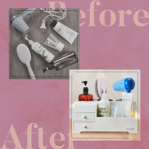 Boxoo Hair Tools Organizer with Drawers - Blow Dryer, Curling Iron, Straightener, Hair Brush Holder - Dressing Table, Bathroom Countertop Storage Caddy - Makeup, Toiletries, Hot Tools Holder, White