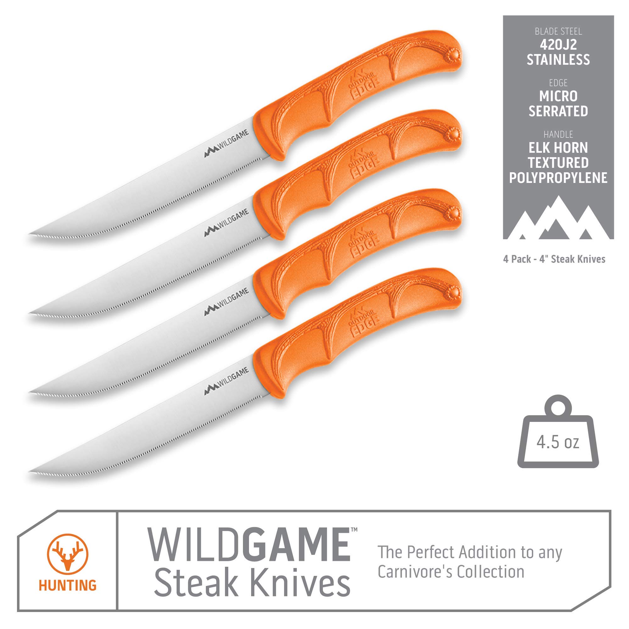 OUTDOOR EDGE Wild Game Steak Knives 4-Piece Set with Never-Sharpen Micro Serrated 420J2 Stainless Blades and Elk Horn Textured Black Polymer Handles