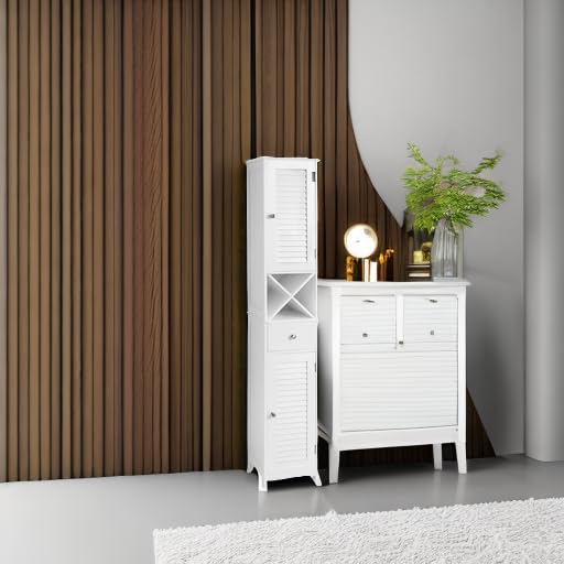 VASAGLE Bathroom Tall Cabinet, Freestanding Storage Cabinet with Shutter Doors, Drawer, and Removable X-Shaped Stand, 11.8 x 12.6 x 66.9 Inches, Scandinavian Style, White UBBC69WT
