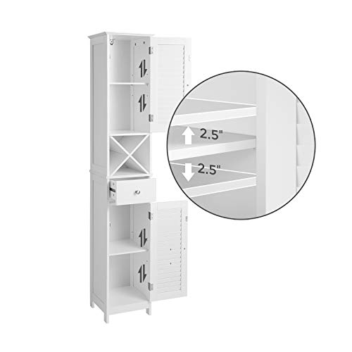 VASAGLE Bathroom Tall Cabinet, Freestanding Storage Cabinet with Shutter Doors, Drawer, and Removable X-Shaped Stand, 11.8 x 12.6 x 66.9 Inches, Scandinavian Style, White UBBC69WT