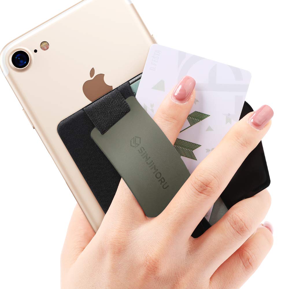 Sinjimoru Phone Grip Card Holder with Phone Stand, Secure Stick on Wallet for iPhone with Kicktand for Table. Sinji Pouch B-Grip Silicone Olive Grey
