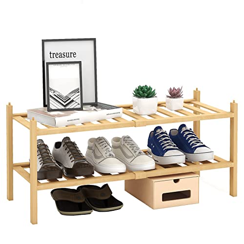 OLGEMO (2-Tier Stackable Shoe Rack Freestanding Shoe Rack Multi-Purpose Storage Rack Bamboo Shoe Rack Shoe Organizer Small Shoe Rack Entrance Shoe Rack Closet Shoe Rack