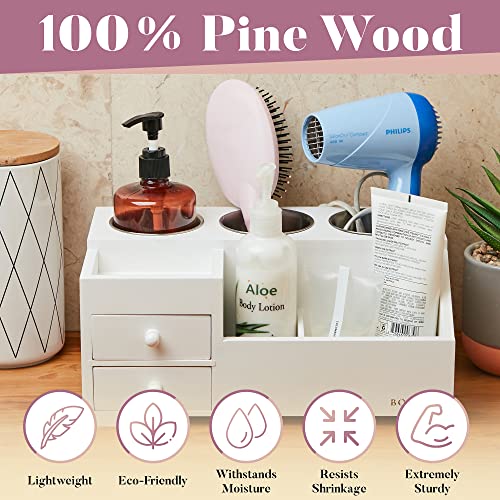 Boxoo Hair Tools Organizer with Drawers - Blow Dryer, Curling Iron, Straightener, Hair Brush Holder - Dressing Table, Bathroom Countertop Storage Caddy - Makeup, Toiletries, Hot Tools Holder, White