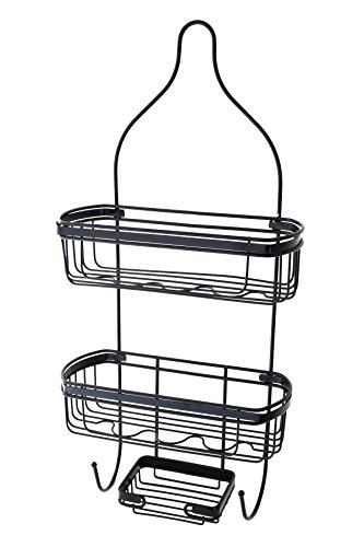 Splash Home Bathroom Door or Hanging from Shower Head Caddy with Two Basket Organizers Plus Dish for Storage Shelves for Shampoo, Conditioner Soaps, 24 x 15 x 12 Inches Black