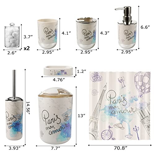 Bathroom Accessories Set Complete with Paris Tower Shower Curtain,9 Piece Bathroom Sets with Toothbrush Holder,Toothbrush Cup,Lotion Soap Dispenser,Soap Dish,Toilet Brush,Trash Can,Qtip Holder