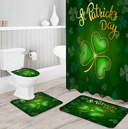Singingin St. Patrick's Day Bathroom Sets with Shower Curtain and Rugs Green Clover Shower Curtain Sets with Rugs,Toilet Lid Cover and Bath Mat,Non-Slip Rugs and Waterproof Bath Curtain with Hooks