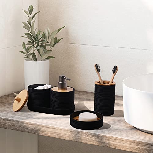 Bamboo Bathroom Accessories Set with Trash Can, Vanity Tray,Tumbler, Qtip Holder, Soap Dispenser, Soap Dish, Toilet Brush,Black
