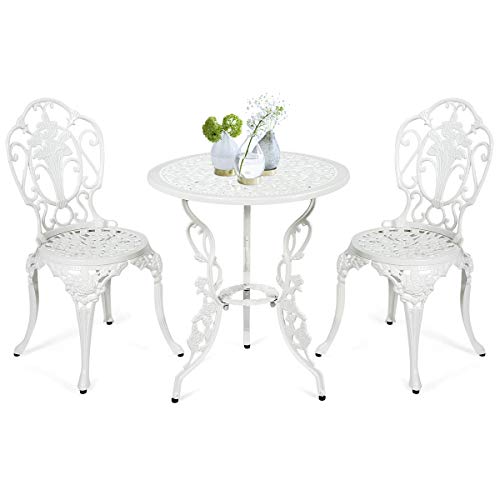 Giantex 3 Piece Bistro Set Cast Tulip Design Antique Outdoor Patio Furniture Weather Resistant Garden Round Table and Chairs w/Umbrella Hole