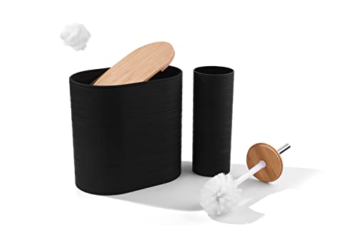 Bamboo Bathroom Accessories Set with Trash Can, Vanity Tray,Tumbler, Qtip Holder, Soap Dispenser, Soap Dish, Toilet Brush,Black