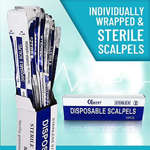 MyMed #15 Disposable Scalpel, Pack of 10 Dermaplaning Blades with Plastic Handle, Scalpel for School Science, High Carbon Steel Dermablade Blades. Individually Wrapped, Sterile