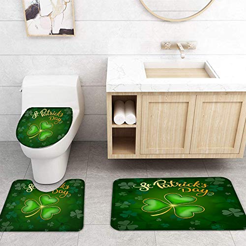 Singingin St. Patrick's Day Bathroom Sets with Shower Curtain and Rugs Green Clover Shower Curtain Sets with Rugs,Toilet Lid Cover and Bath Mat,Non-Slip Rugs and Waterproof Bath Curtain with Hooks
