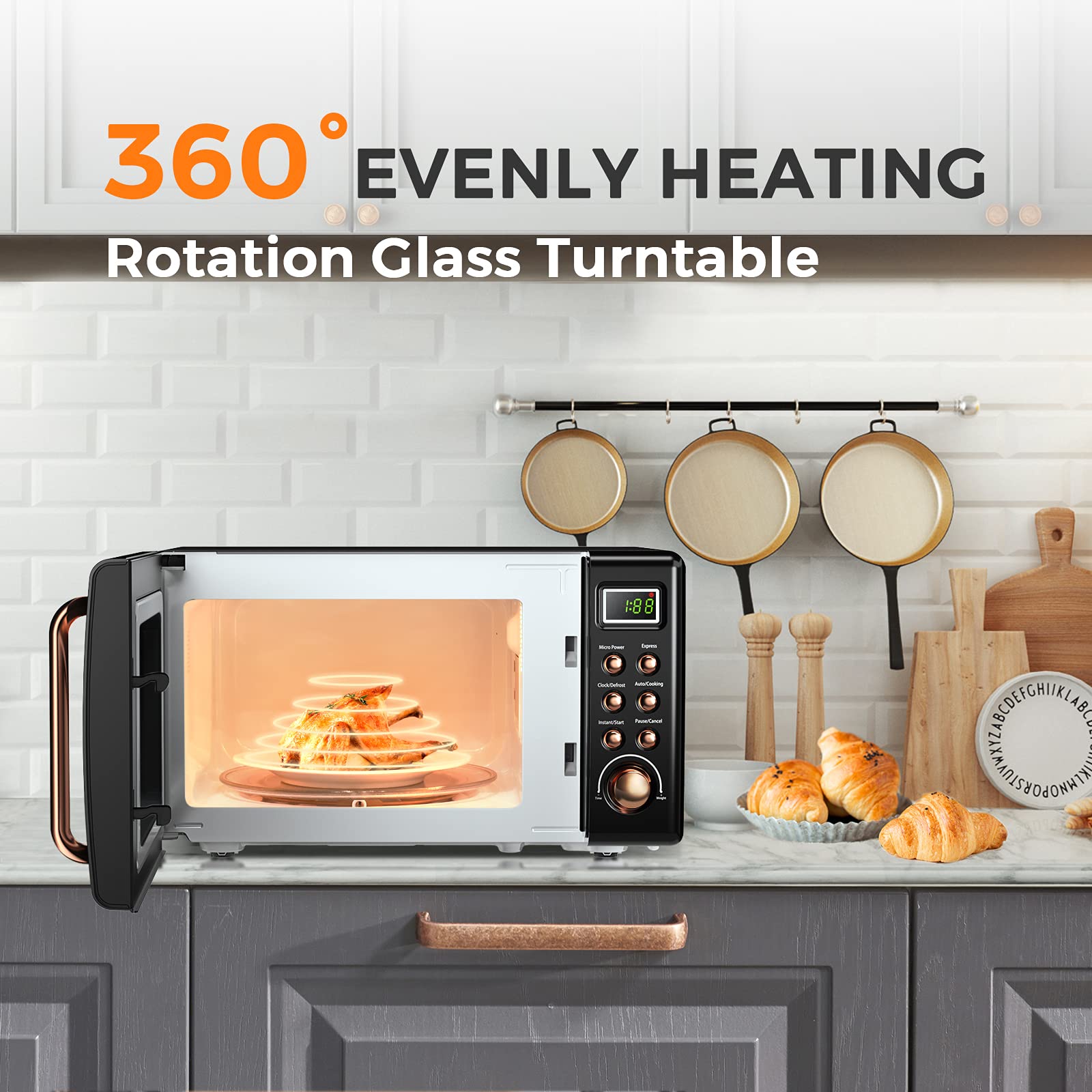 GLACER GT-23853GDEP Retro, Large 0.7Cu.ft, 700-Watt, Cold Rolled Steel Countertop with Time, Glass Turntable Plate, Pre-Programmed Cooking Settings, LED Display Microwave Oven, Rose Gold