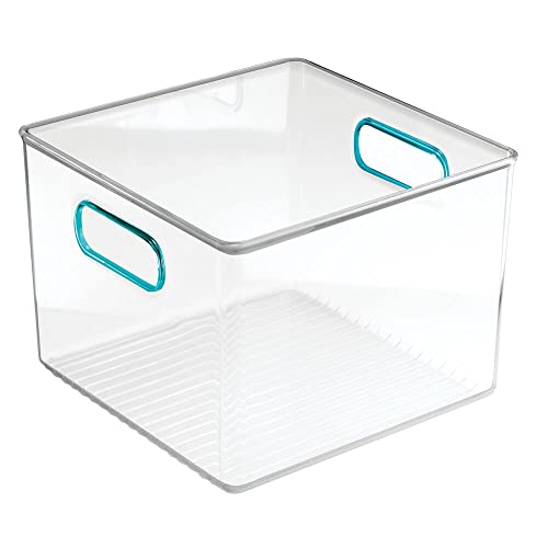 mDesign Plastic Storage Bin with Handles for Organizing Hand Soaps, Body Wash, Shampoos, Lotion, Conditioners, Hand Towels, Hair Accessories, Body Spray, Mouthwash - 8" Square, 4 Pack - Clear/Blue