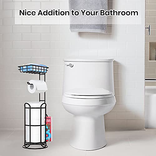 [Upgrade] Toilet Paper Holder Stand with Shelf Tissue Holders for Bathroom Free Standing Bath Tissue Roll Holder Magazine Rack for Mega Rolls/Phone/Wipe-Black