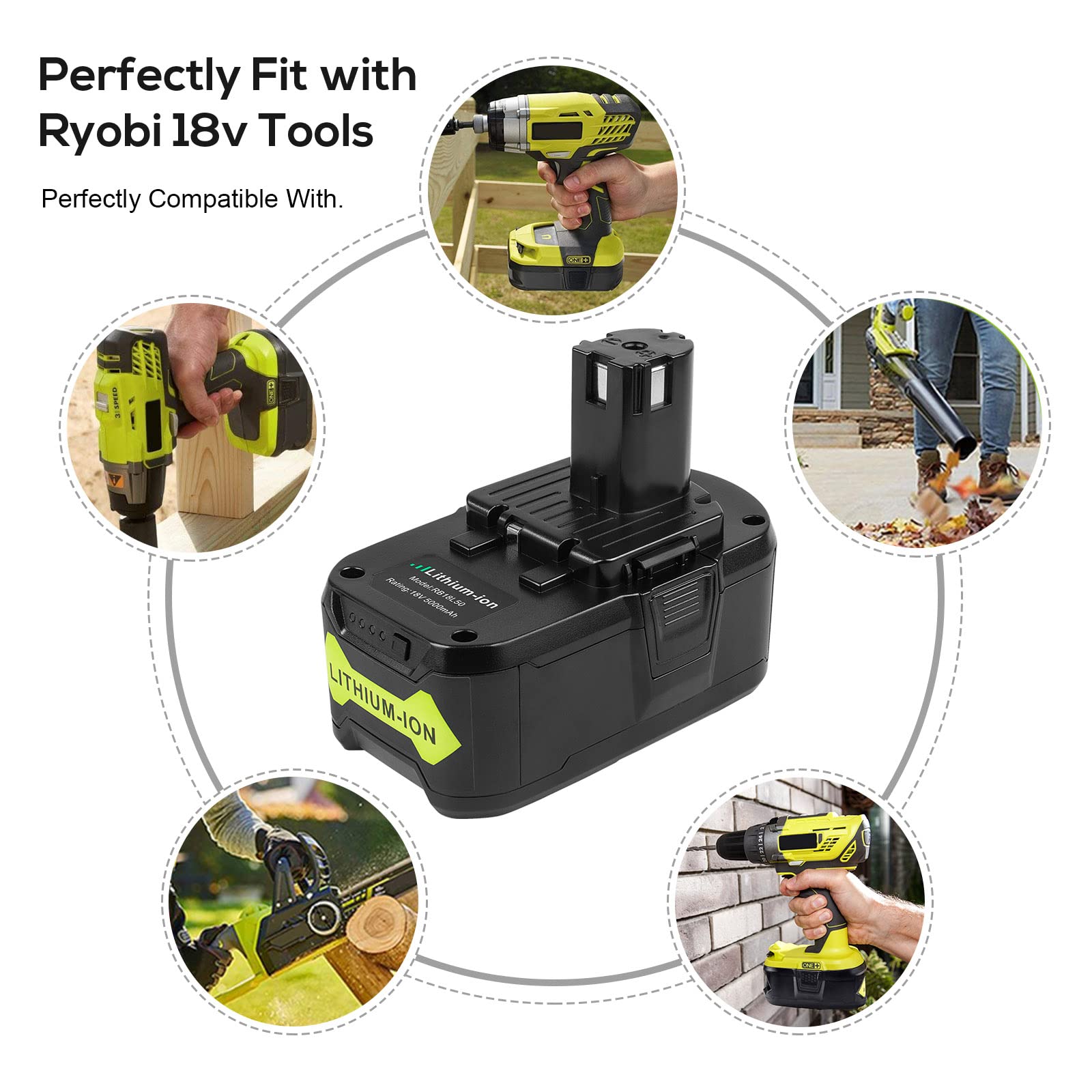ARyee 5.0Ah 18V P108 Replacement Battery for Ryobi One+ Cordless Tool Lithium P102 P103 P105 P107 P108 P109 P122 P100 RB18L50 RB18L25 RB18L15 RB18L40 (2)