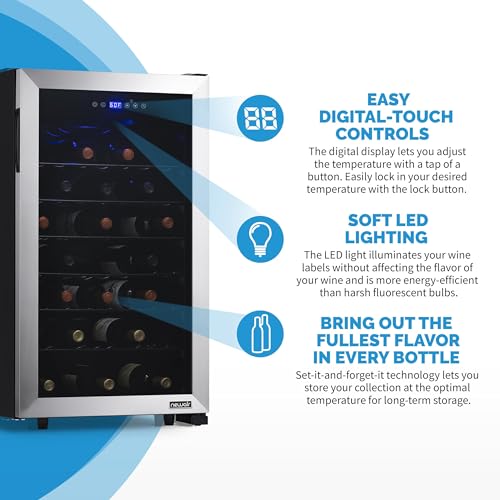 NewAir 20” Wine Refrigerator – 50 Bottle Wine Cooler, Single Zone Freestanding Wine Fridge in Stainless Steel, Wine Chiller with Adjustable Racks and Exterior Digital Thermostat for Kitchen and Bar