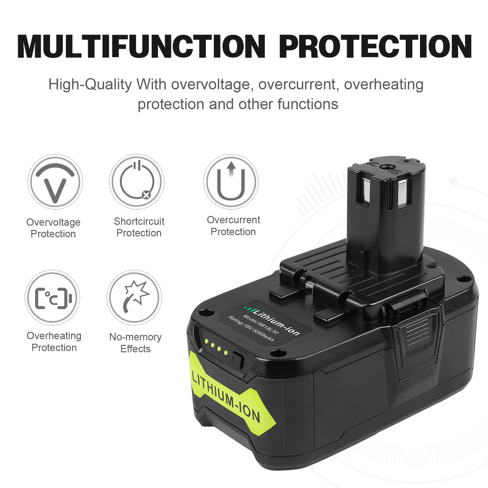 ARyee 5.0Ah 18V P108 Replacement Battery for Ryobi One+ Cordless Tool Lithium P102 P103 P105 P107 P108 P109 P122 P100 RB18L50 RB18L25 RB18L15 RB18L40 (2)