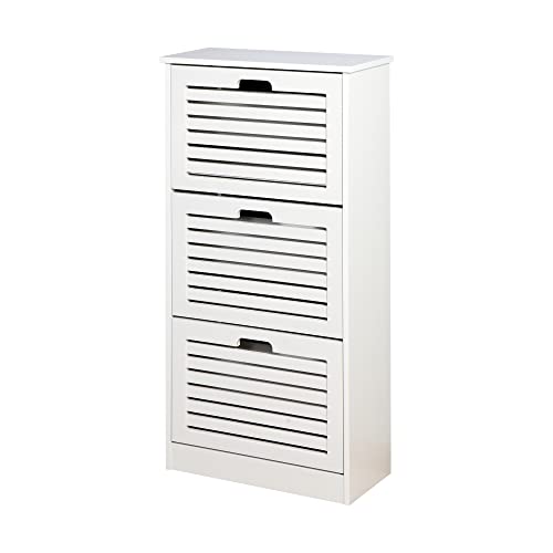 Wooden Shoe Cabinet with 3 Flip Drawers, Freestanding Shoe Storage Organizer with Louvered Door and Adjustable Shelf, Modern White Narrow Shoe Storage Cabinet for Entryway, Holds 12 Pair Shoes
