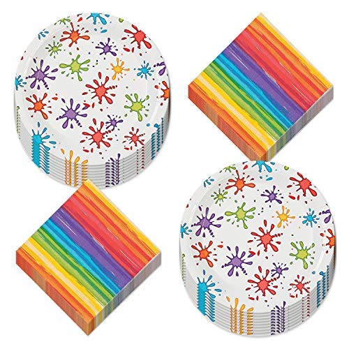 Artist Party Supplies - Art Paint Splatter Paper Dinner Plates and Striped Luncheon Napkins (Serves 16)