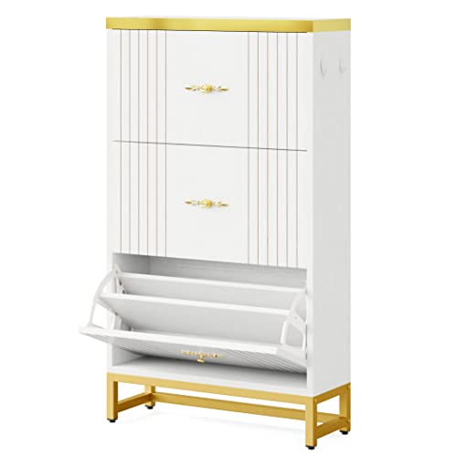 Tribesigns Shoe Cabinet with 3 Flip Drawers, Modern 18-24 Pair Shoe Rack Organizer with 2 Hanging Hooks, Freestanding Tipping Bucket Shoe Storage Cabinet for Entryway