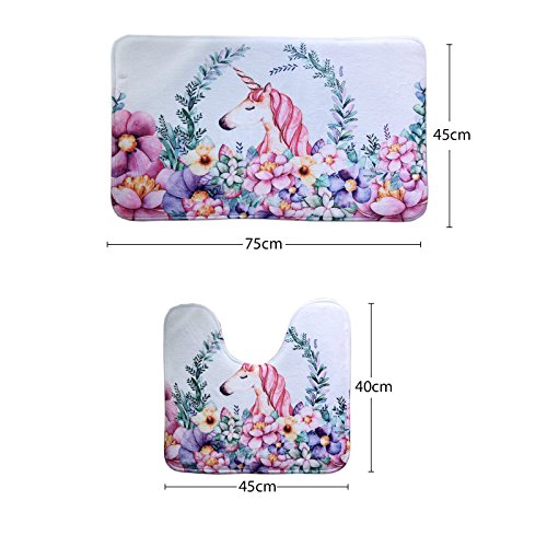 Amagical 3 Pieces Shower Curtain Set Bathroom Mat Set Unicorn Printed Bath Mat + Contour Mat + Shower Curtain + 12 Hooks